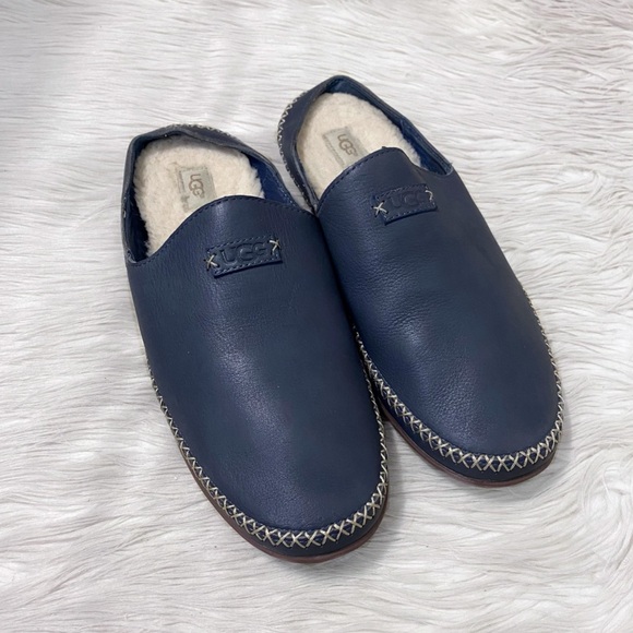 UGG | Shoes | Ugg Tamara Slippers Blue Leather Wool Sherpa Lining Mule ...